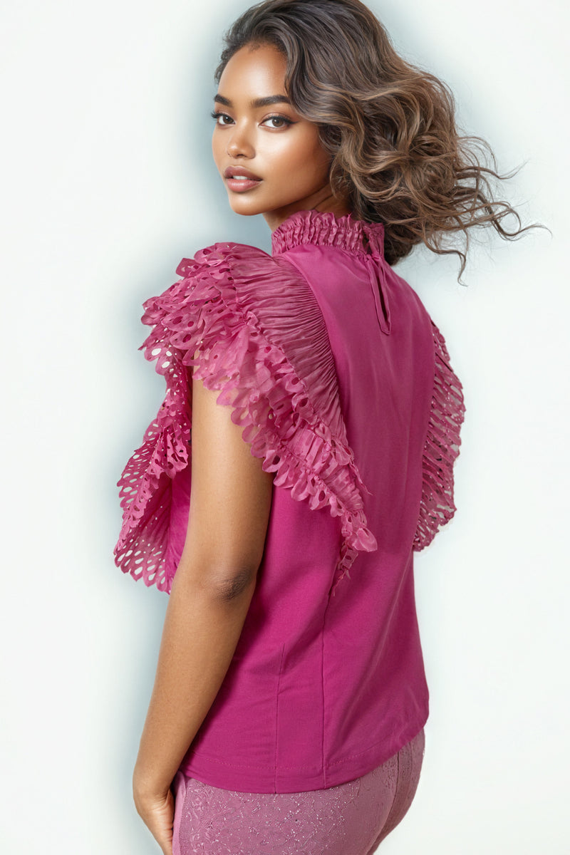 S3085 EMBLISHISHED RUFFLE TOP (PINK, WHT) – N by Nancy