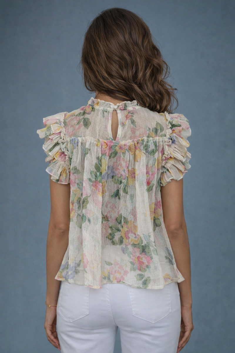 CH0102 FLORAL MUSE SHEER RUFFLE TOP – N by Nancy